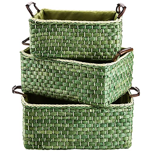 Peohud Set of 3 Woven Storage Baskets, Maize Straw Organizer Bins with Handle, Handwoven Basket Set for Organizing Bedroom, Living room, Laundry Room, Kitchen or Office, Green