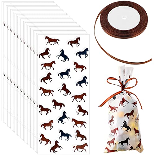 100 Pieces Horse Cellophane Bags Horse Racing Treat Bags Animal Party Goodie Bags with A Roll of Brown Ribbon for Chocolate Candy Snacks Cookies, Cowboy Cowgirl Horse Themed Party Supplies