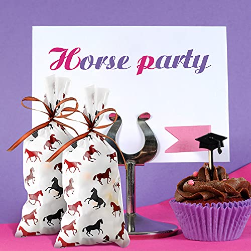 100 Pieces Horse Cellophane Bags Horse Racing Treat Bags Animal Party Goodie Bags with A Roll of Brown Ribbon for Chocolate Candy Snacks Cookies, Cowboy Cowgirl Horse Themed Party Supplies