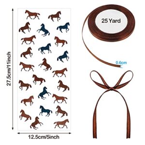 100 Pieces Horse Cellophane Bags Horse Racing Treat Bags Animal Party Goodie Bags with A Roll of Brown Ribbon for Chocolate Candy Snacks Cookies, Cowboy Cowgirl Horse Themed Party Supplies