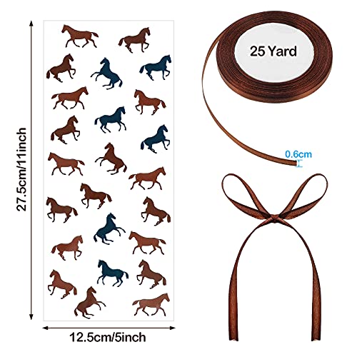 100 Pieces Horse Cellophane Bags Horse Racing Treat Bags Animal Party Goodie Bags with A Roll of Brown Ribbon for Chocolate Candy Snacks Cookies, Cowboy Cowgirl Horse Themed Party Supplies