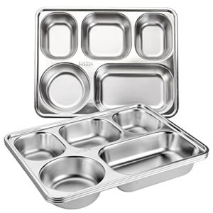 tebery 3 pack stainless steel rectangular divided plates tray, 5 sections dinner plates for adults,kids, picky eaters, campers, and portion control