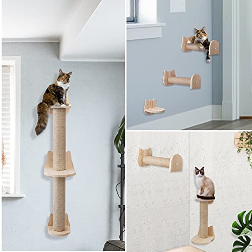 Wall Mounted Cat Scratching Post - Sisal Cat Scratcher Solid Wood Cat Wall Shelves Steps Cat Furniture for Indoor Large Cats Kittens, 38 Inch Tall Cat Ladder Post Tree in Mutil- Assembly Ways