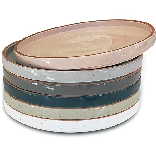 Mora Ceramic Flat Plates Set of 6-8 in - The Dessert, Salad, Appetizer, Small Lunch, etc Plate. Microwave, Oven, and Dishwasher Safe, Scratch Resistant. Kitchen Porcelain Dish - Assorted Neutrals