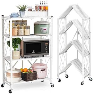 4 tier foldable shelving unit, lanstics folding shelves heavy duty storage shelving with wheels metal shelf standing shelves units for home kitchen living room