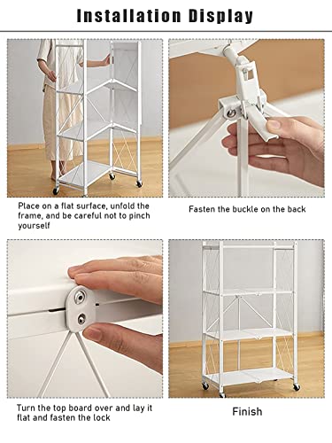 4 Tier Foldable Shelving Unit, Lanstics Folding Shelves Heavy Duty Storage Shelving with Wheels Metal Shelf Standing Shelves Units for Home Kitchen Living Room