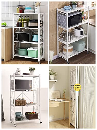 4 Tier Foldable Shelving Unit, Lanstics Folding Shelves Heavy Duty Storage Shelving with Wheels Metal Shelf Standing Shelves Units for Home Kitchen Living Room