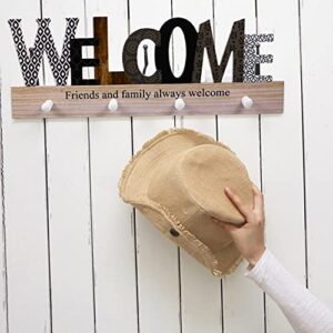 Wakauto Wooden Wall Hook Hanger with Welcome Signs for Coat Rack Caps Purses Hats Scarves Towels Umbrella Storage Organizer 50x18. 5cm