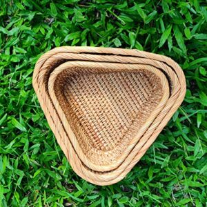 amololo 3 Pack Triangle Woven Basket Trays, 10 Inch Rolled Rattan Storage Tray with 4 Inch Raised Sides, Wicker Decorative Serving Nesting Tray Organizer for Bread, Fruit, Food, Catch All Dish S, M, L