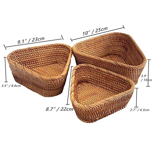 amololo 3 Pack Triangle Woven Basket Trays, 10 Inch Rolled Rattan Storage Tray with 4 Inch Raised Sides, Wicker Decorative Serving Nesting Tray Organizer for Bread, Fruit, Food, Catch All Dish S, M, L