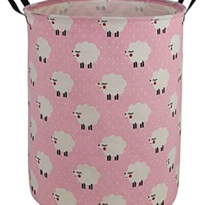 VAIVUSTO Round Laundry Basket, Waterproof Canvas Large Clothes Basket Laundry Hamper with Handles,Cute Cartoon Kids Nursery Hamper for Girls Room,Toy Storage (Pink Sheep)