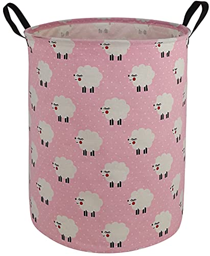 VAIVUSTO Round Laundry Basket, Waterproof Canvas Large Clothes Basket Laundry Hamper with Handles,Cute Cartoon Kids Nursery Hamper for Girls Room,Toy Storage (Pink Sheep)