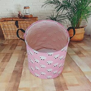 VAIVUSTO Round Laundry Basket, Waterproof Canvas Large Clothes Basket Laundry Hamper with Handles,Cute Cartoon Kids Nursery Hamper for Girls Room,Toy Storage (Pink Sheep)