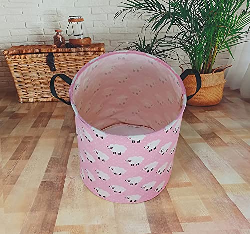 VAIVUSTO Round Laundry Basket, Waterproof Canvas Large Clothes Basket Laundry Hamper with Handles,Cute Cartoon Kids Nursery Hamper for Girls Room,Toy Storage (Pink Sheep)