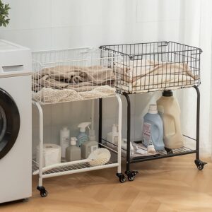 basket for garments storage, easy moved with wheels have brake, Laundry basket, white color，rolling basket