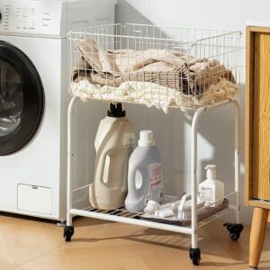 basket for garments storage, easy moved with wheels have brake, Laundry basket, white color，rolling basket