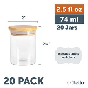 Crutello 20 Pack 2.5 Oz Mini Spice Jars with Bamboo Lids, Dishwasher Safe Jars for Spices, Honey, Beans, Rice, Party Favors