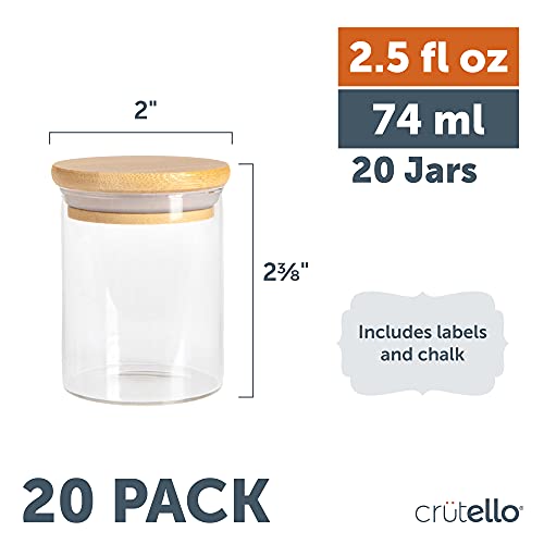 Crutello 20 Pack 2.5 Oz Mini Spice Jars with Bamboo Lids, Dishwasher Safe Jars for Spices, Honey, Beans, Rice, Party Favors