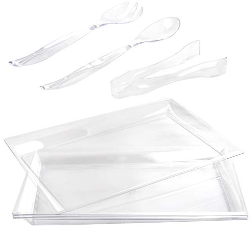 WELLIFE 24 Pack Plastic Serving Trays with Disposable Utensils, 6 Asymmetric Rectangle Platters 15”x 10”, 6 Serving Spoons 10”, 6 Serving Forks 10”, 6 Serving Tongs 6.3”, Perfect for Buffet