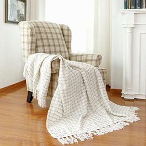 decorative woven ash blonde white plaid throw blanket, soft beige cross knitted chenille blanket with tassels for farmhouse boho décor, 50" x 60"