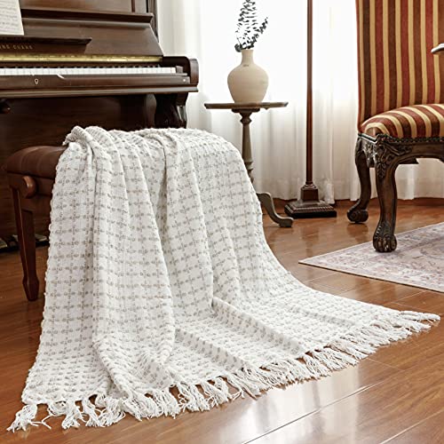 Decorative Woven Ash Blonde White Plaid Throw Blanket, Soft Beige Cross Knitted Chenille Blanket with Tassels for Farmhouse Boho Décor, 50" x 60"