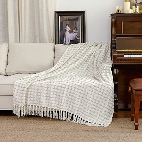 Decorative Woven Ash Blonde White Plaid Throw Blanket, Soft Beige Cross Knitted Chenille Blanket with Tassels for Farmhouse Boho Décor, 50" x 60"