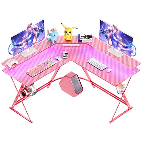 SEVEN WARRIOR Gaming Desk 50.4” with LED Lights& Power Outlets, L-Shaped Gaming Desk Carbon Fiber Surface with Monitor Stand, Ergonomic Pink Gaming Desk with Cup Holder, Headphone Hook