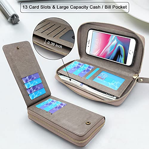 Lacass for iPhone SE 3rd gen/iPhone SE 2020/2022 /iPhone 6/6S/7/8 4.7 inch Crossbody Chain Dual Zipper Detachable Magnetic Leather Wallet Case Cover Wristlets Clutch Card Slot Money Pocket(Gray)