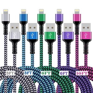 [3/6/10ft-5pack] iphone charger apple certified lighting charge cords phone power data cable nylon braided fast charging wire for iphone 13 12 pro max mini 11 xr xs x 10 8 7 6s 6 plus se 2020, ipad