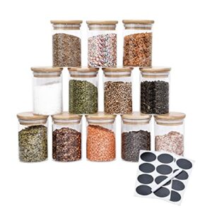 prezervers12 pcs spice jars | 7oz| 12 food storage containers | airtight bamboo lid with 7oz glass jar | includes pen and decorative labels | dozen spice jars | tea, sugar, salt, herbs | bonus item |