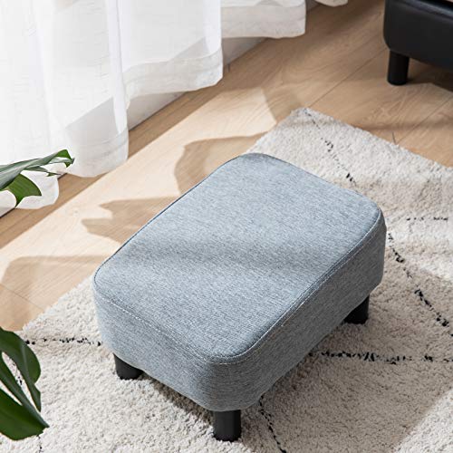 IBUYKE 16.54" Small Footstool Linen Fabric Pouf Ottoman Footrest Modern Home Living Room Bedroom Rectangular Stool, with Padded Seat Pine Wood Legs, Gray RF-BD214-D