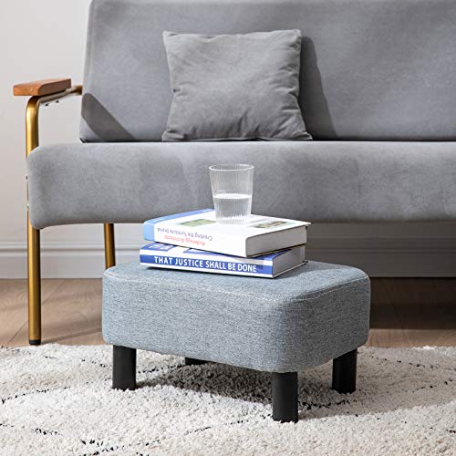 IBUYKE 16.54" Small Footstool Linen Fabric Pouf Ottoman Footrest Modern Home Living Room Bedroom Rectangular Stool, with Padded Seat Pine Wood Legs, Gray RF-BD214-D