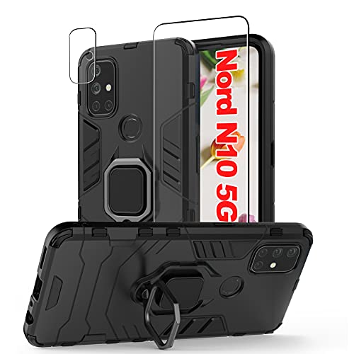 Jusy [3p] Oneplus Nord N10 5G Case & Tempered Glass Screen Protector & Camera Protector for 1+ Nord N10, Protective Case with Rotate Holder Kickstand and Magnetic Plate for Oneplus Nord N10 (Black)