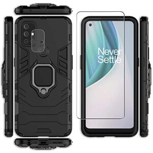 Jusy [3p] Oneplus Nord N10 5G Case & Tempered Glass Screen Protector & Camera Protector for 1+ Nord N10, Protective Case with Rotate Holder Kickstand and Magnetic Plate for Oneplus Nord N10 (Black)