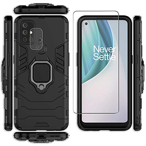 Jusy [3p] Oneplus Nord N10 5G Case & Tempered Glass Screen Protector & Camera Protector for 1+ Nord N10, Protective Case with Rotate Holder Kickstand and Magnetic Plate for Oneplus Nord N10 (Black)