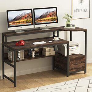 tribesigns computer desk with hutch and storage shelves, 63” industrial home office desk with monitor stand file drawer writing table workstation for home office (rustic brown)