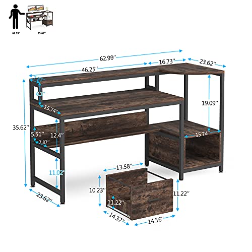 Tribesigns Computer Desk with Hutch and Storage Shelves, 63” Industrial Home Office Desk with Monitor Stand File Drawer Writing Table Workstation for Home Office (Rustic Brown)