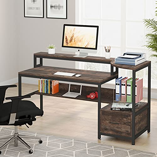 Tribesigns Computer Desk with Hutch and Storage Shelves, 63” Industrial Home Office Desk with Monitor Stand File Drawer Writing Table Workstation for Home Office (Rustic Brown)