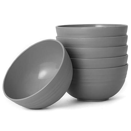 GENLGE 24 Ounces Unbreakable Wheat Straw Grey Bowls for Kitchen, Plastic Cereal Bowls Microwave Safe Bowl Set of 6, Eco Friendly Bowls for Soup, Salad