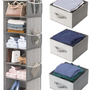 MONINXS Hanging Closet Organizer 6-Shelf, Hanging Shelves for Closet with 3 Divisible Drawers & Side Pocket, Linen, 11.4''W x 12''D x 43.3''H, Grey