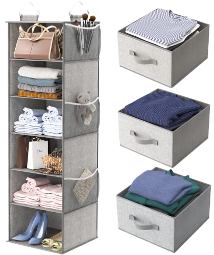 MONINXS Hanging Closet Organizer 6-Shelf, Hanging Shelves for Closet with 3 Divisible Drawers & Side Pocket, Linen, 11.4''W x 12''D x 43.3''H, Grey