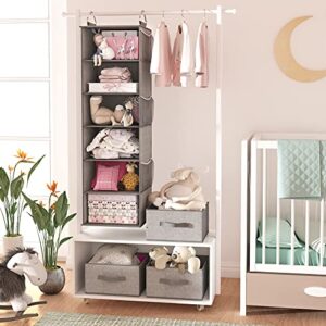 MONINXS Hanging Closet Organizer 6-Shelf, Hanging Shelves for Closet with 3 Divisible Drawers & Side Pocket, Linen, 11.4''W x 12''D x 43.3''H, Grey