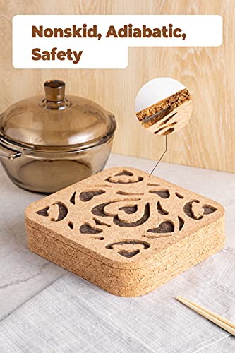 NTReasy 5pcs Cork Trivet, High Density Thick Cork Coaster Set for Hot Dishes and Hot Pots, 7.68in Boho Square Heat Resistant Multifunctional Cork Board, Hot Pads for Kitchen Table Countertop