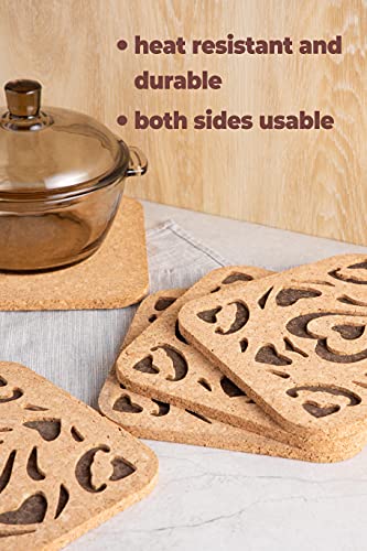 NTReasy 5pcs Cork Trivet, High Density Thick Cork Coaster Set for Hot Dishes and Hot Pots, 7.68in Boho Square Heat Resistant Multifunctional Cork Board, Hot Pads for Kitchen Table Countertop