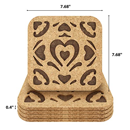 NTReasy 5pcs Cork Trivet, High Density Thick Cork Coaster Set for Hot Dishes and Hot Pots, 7.68in Boho Square Heat Resistant Multifunctional Cork Board, Hot Pads for Kitchen Table Countertop