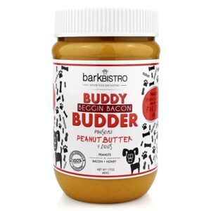 buddy budder bark bistro company, begging bacon, 100% natural dog peanut butter, healthy peanut butter dog treats, stuff in toy, dog enrichment, pill pocket for dogs, made in usa, (17oz jars)