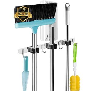 3 racks and 4 hooks broom and mop holder wall mounted garage organizer storage tool racks stainless steel heavy duty hooks self adhesive solid non-slip wall hangers for home kitchen garden laundry