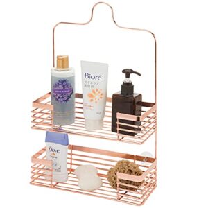 mygift modern copper metal 2 tier bathroom hanging shower organizer, over head shower caddy basket, bathroom accessories organizer storage rack with wall suction cups