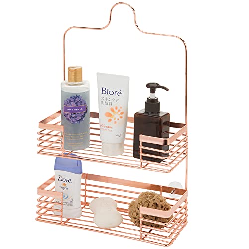 MyGift Modern Copper Metal 2 Tier Bathroom Hanging Shower Organizer, Over Head Shower Caddy Basket, Bathroom Accessories Organizer Storage Rack with Wall Suction Cups