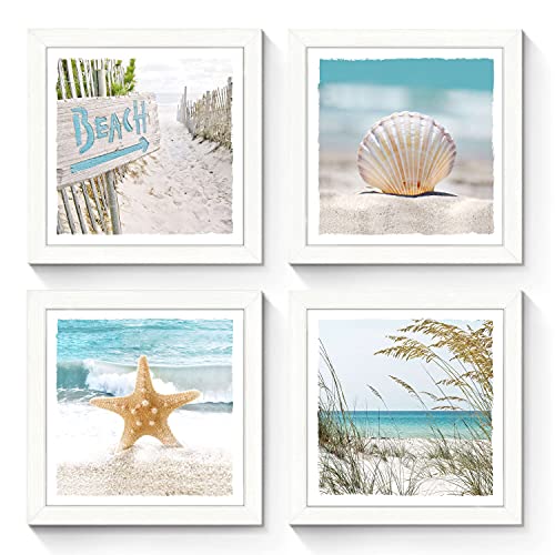 Ocean Wooden Framed Gallery Artwork: Beach Theme Starfish Wall Art Collection Conch Picture Prints Wall Decor Set of 4 for Bathroom (Multi-Style)